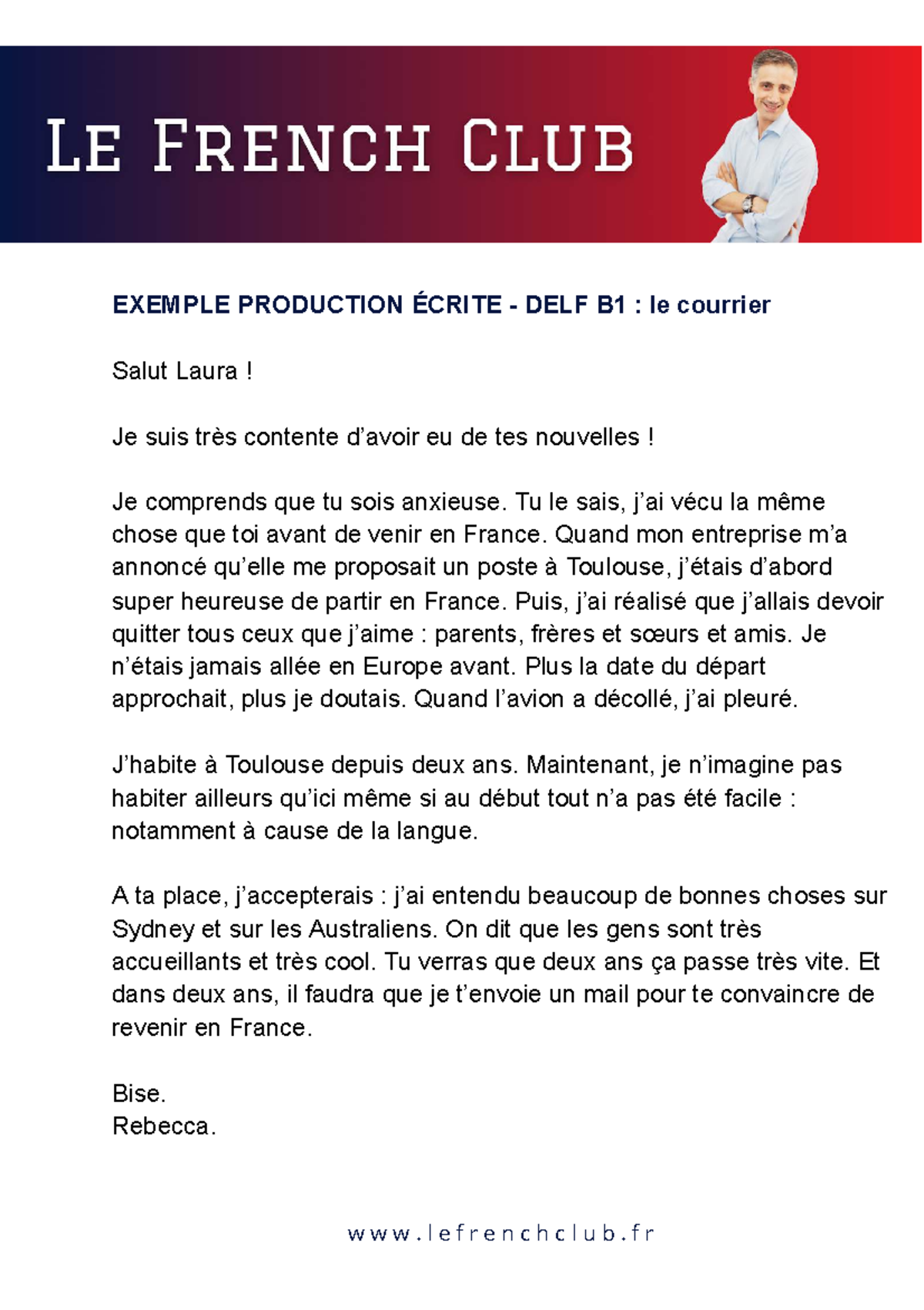 Exemple de production écrite DELF B1 : le courrier de Rebecca - Studocu