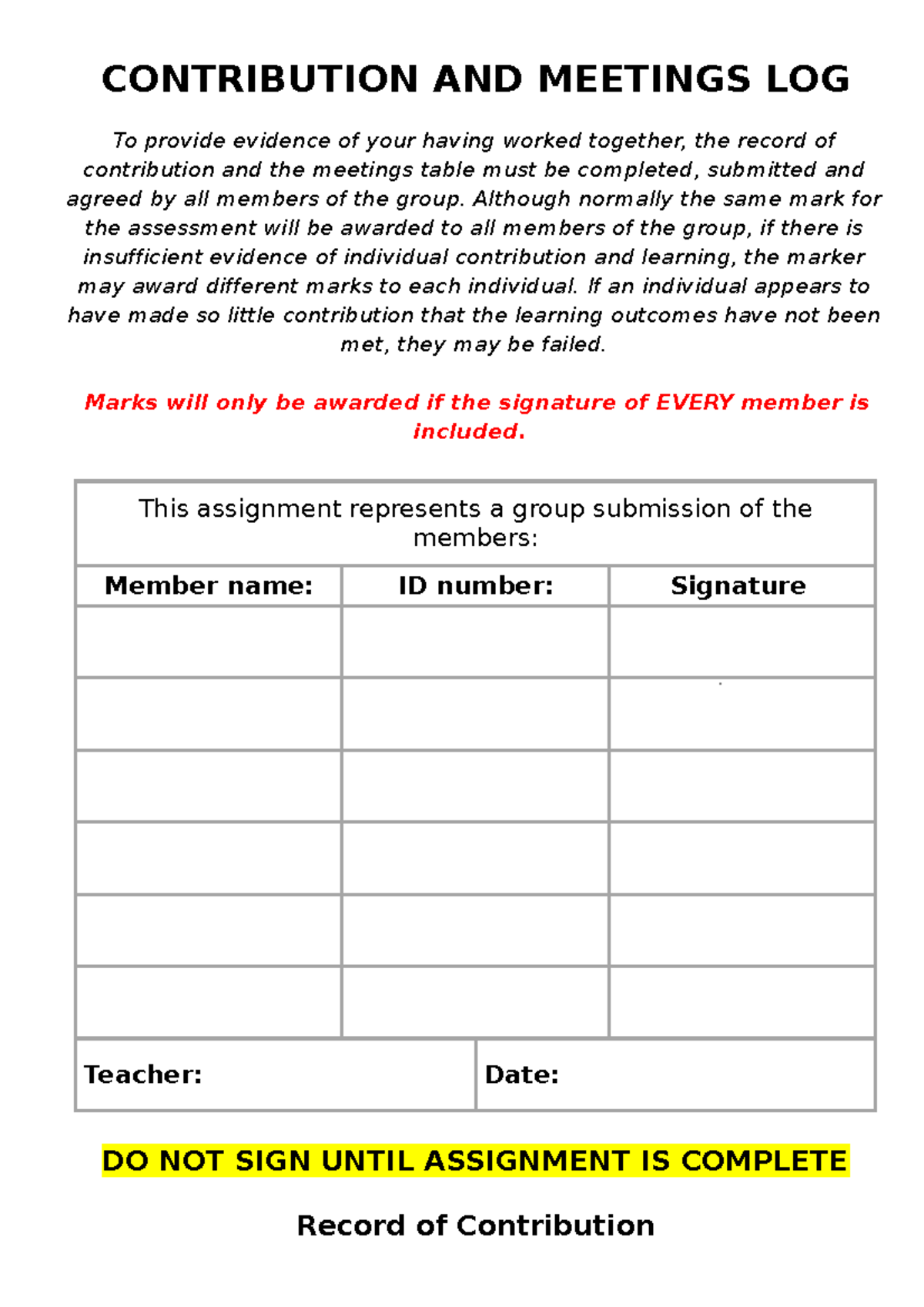 Contribution and Meetings Log for Group Submission - Studocu