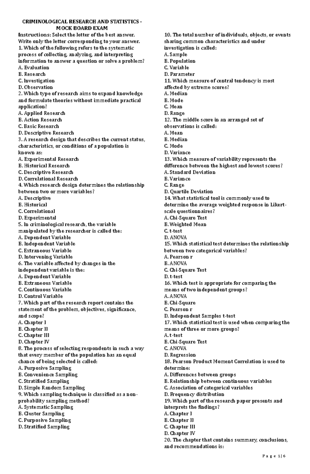 CRIM 101: Criminological Research & Statistics Mock Board Exam - Studocu