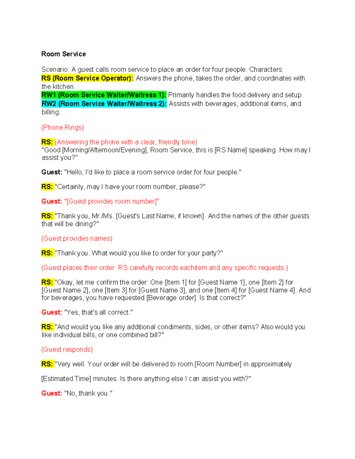 Room Service Script: Order Process for Four Guests - DQWDWED - Studocu