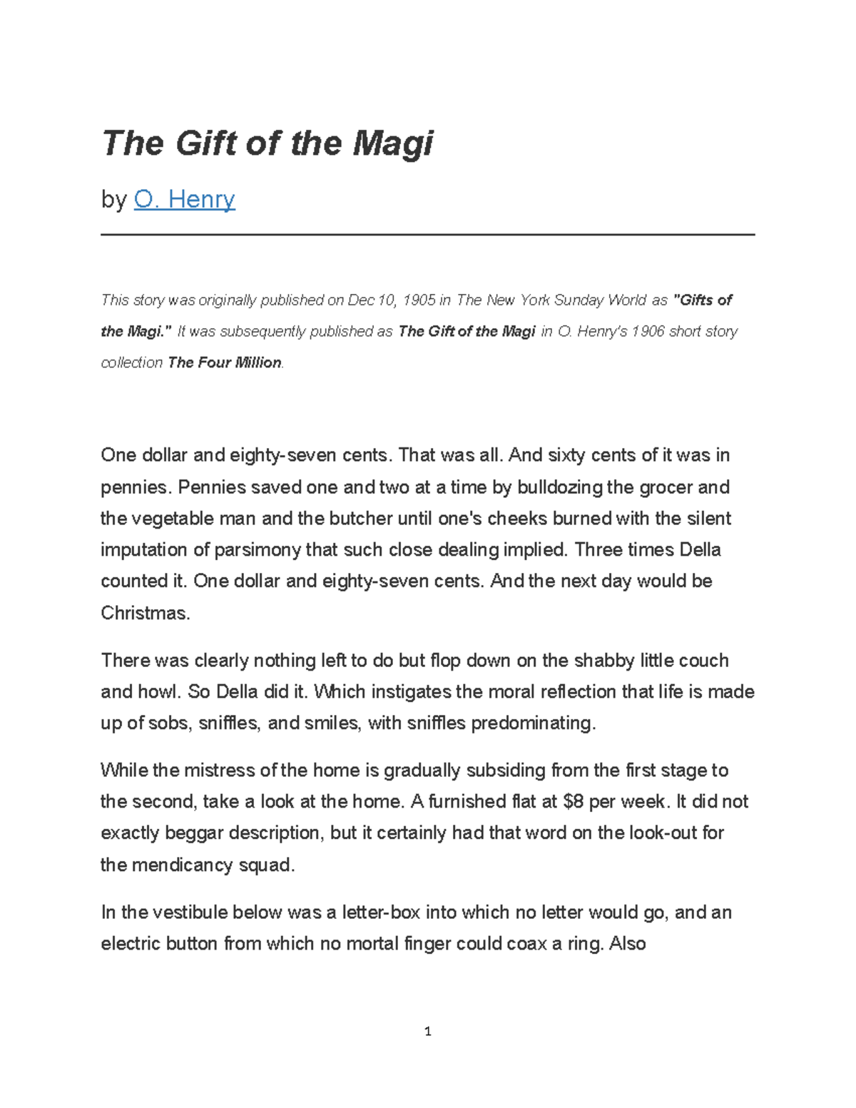 Week 4 Reading - The Gift of the Magi - The Gift of the Magi by O ...