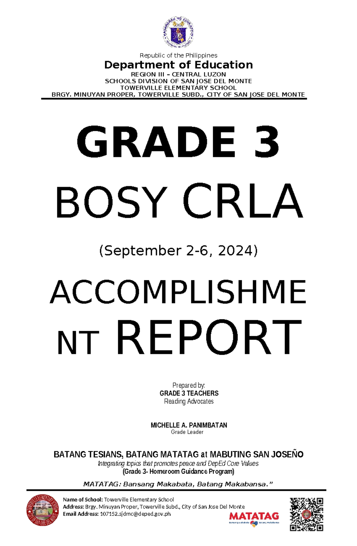 Grade 3 CRLA Accomplishment Report (Sept 2024) - Towerville ES - Studocu