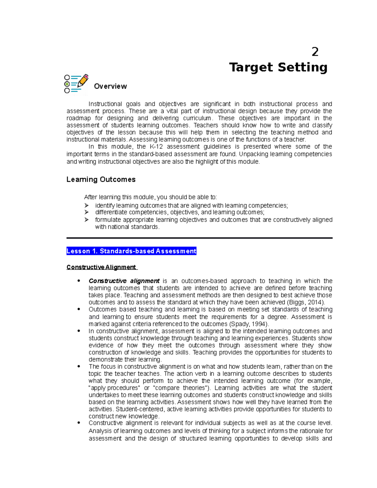 Module Assessment 2 Standards Based Assessment And Learning Outcomes