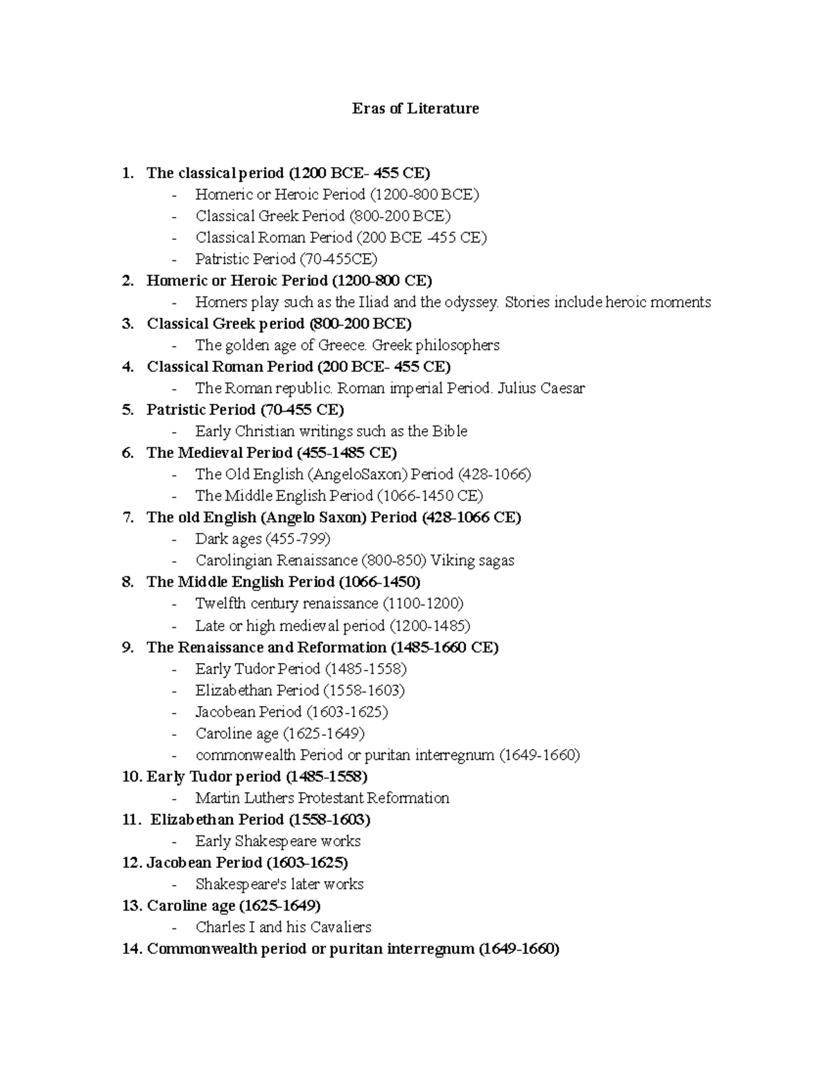 Eras of Literature Study Guide - Eras of Literature The classical ...