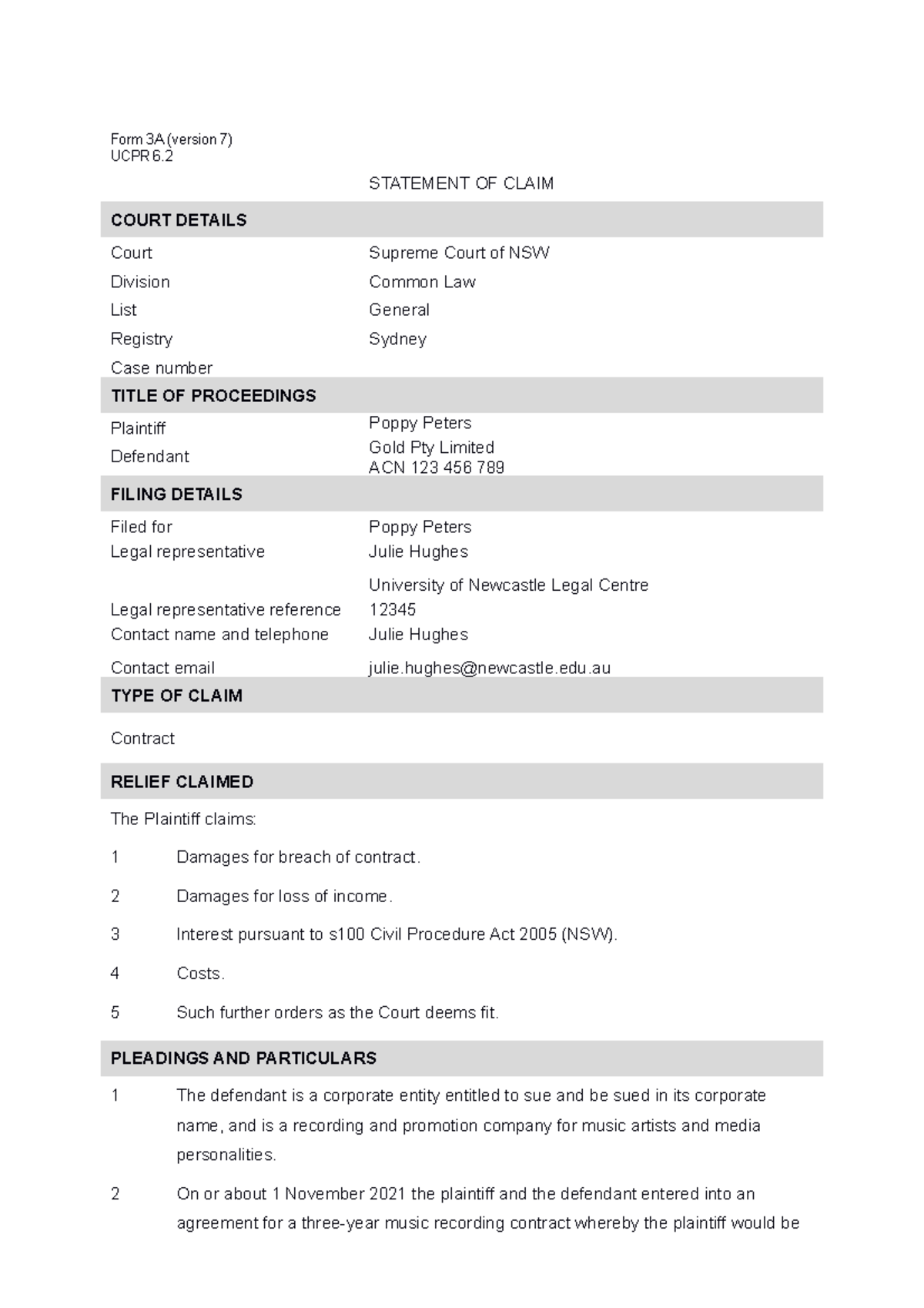 Sample statement of claim - Form 3A (version 7) UCPR 6. STATEMENT OF ...