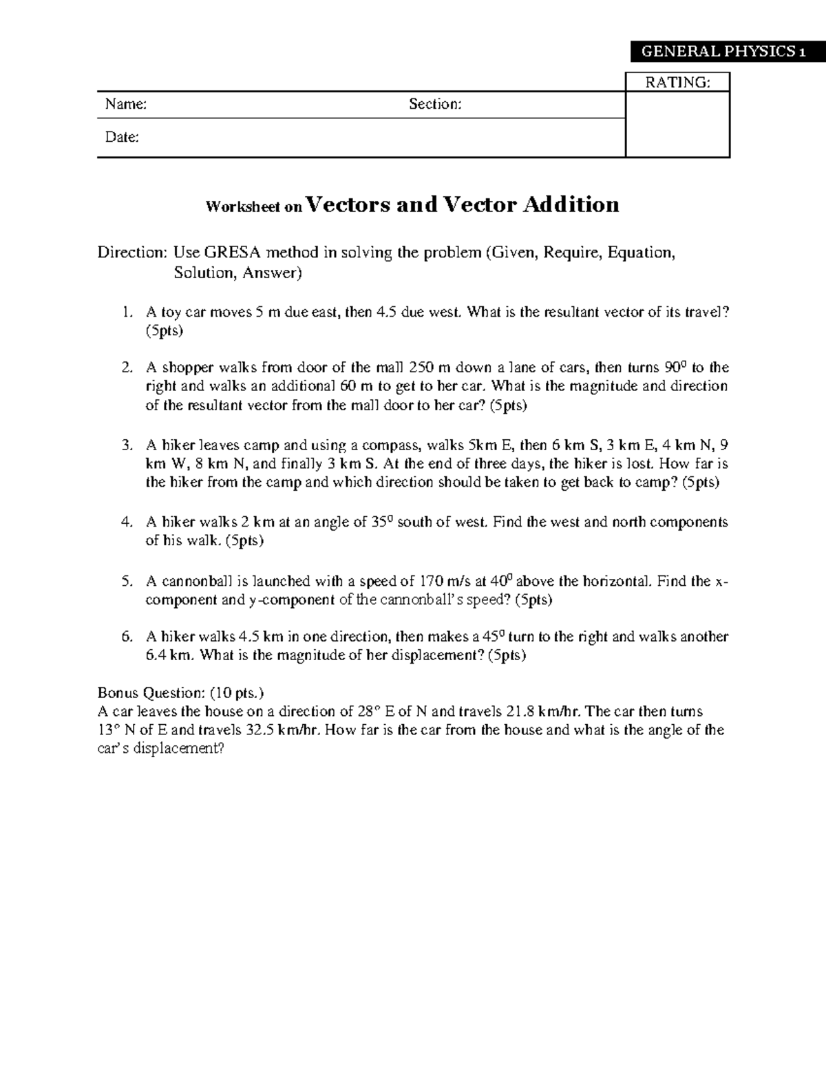 Worksheet on Vector Addition - GENERAL PHYSICS 1 Worksheet on Vectors ...