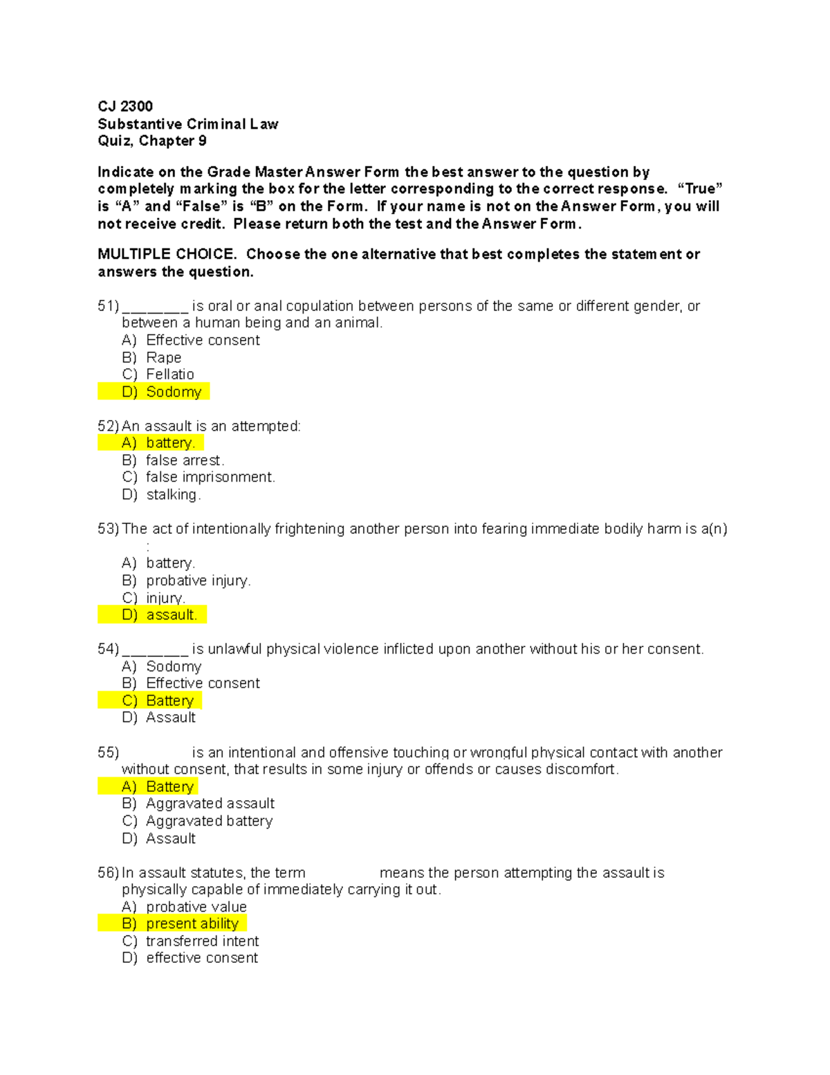 CJ 2300 QUIZ - Substantive Criminal Law, Chapter 9 Review - Studocu