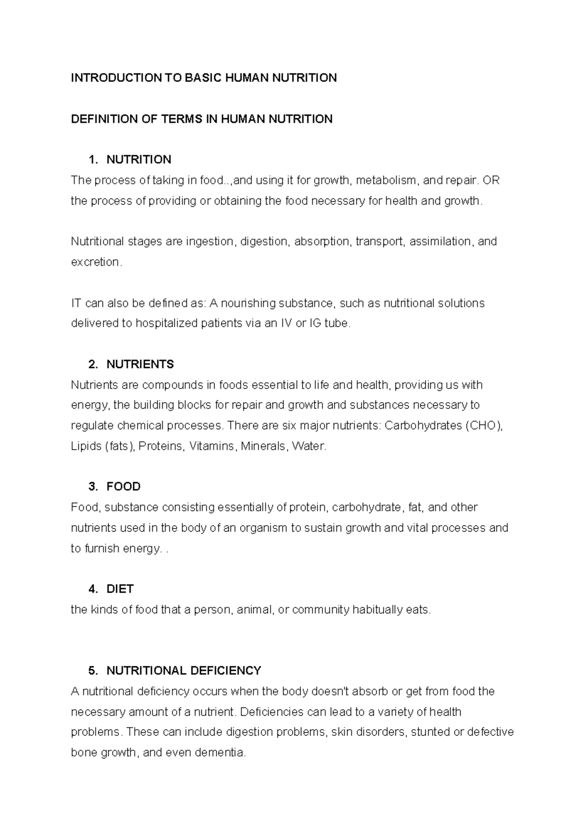 NUR 101: Introduction to Basic Human Nutrition Concepts and Terms - Studocu