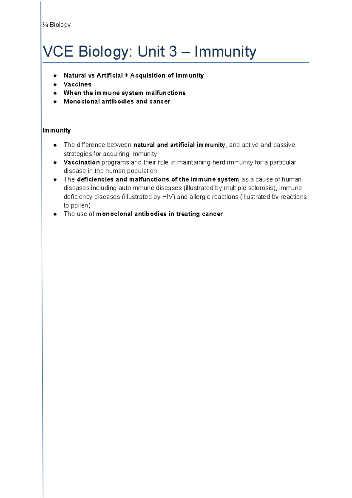 VCE Biology Unit 3: Comprehensive Immunity Study Notes - Studocu