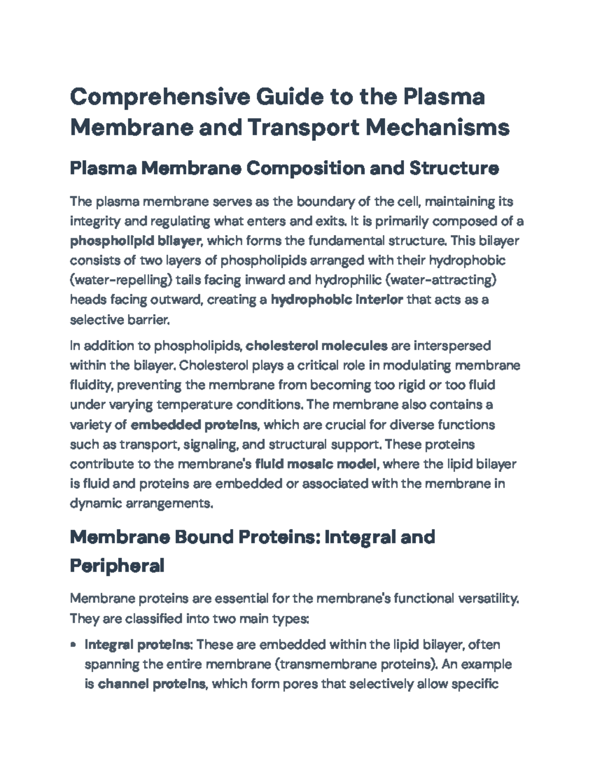 Comprehensive Study of Plasma Membrane Structure & Transport Mechanisms - Studocu