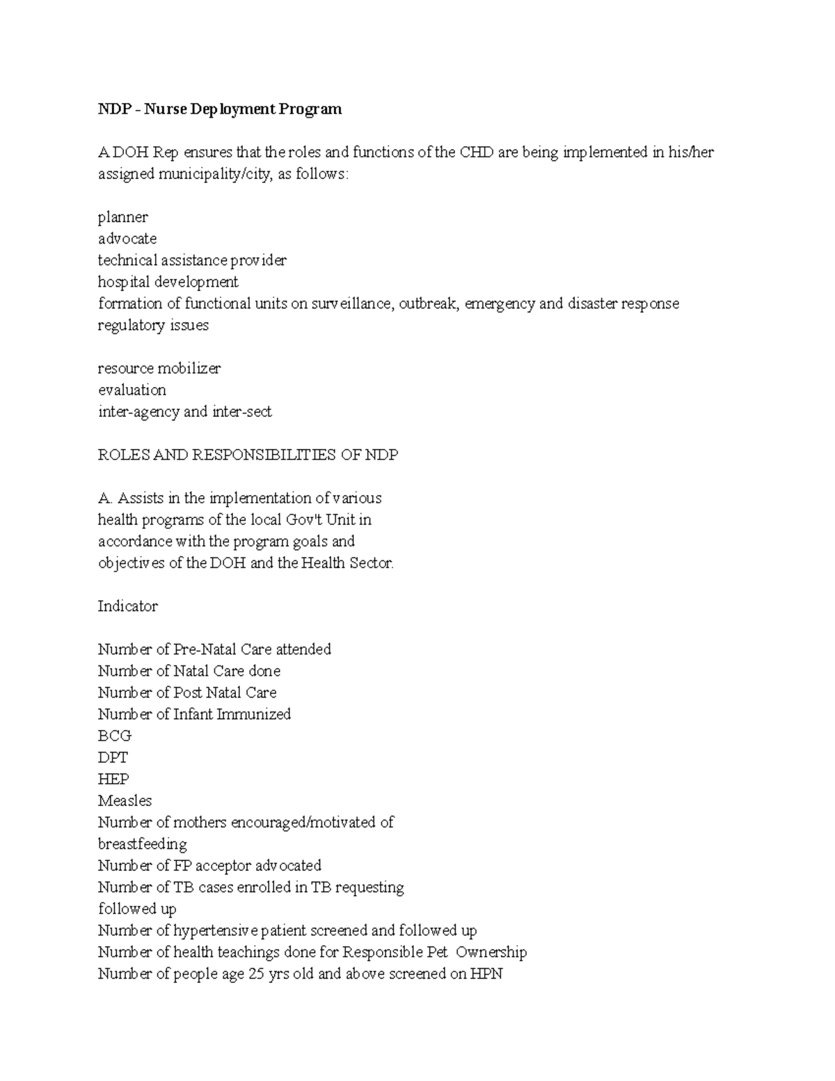 NDP - Roles and Responsibilities in the Nurse Deployment Program - Studocu