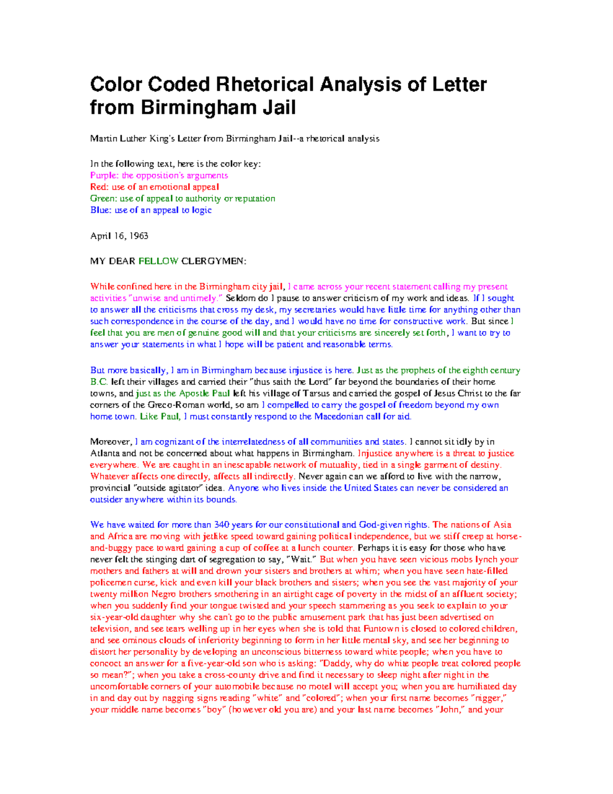 Color-Coded Rhetorical Analysis of MLK's Letter from Birmingham Jail ...
