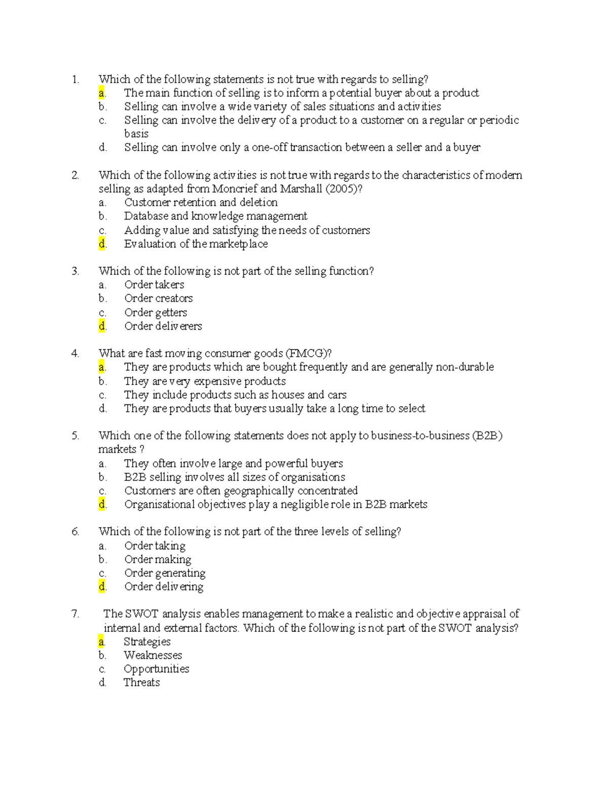 Sample Quiz - Selling Concepts and principles (BUS101) - Studocu