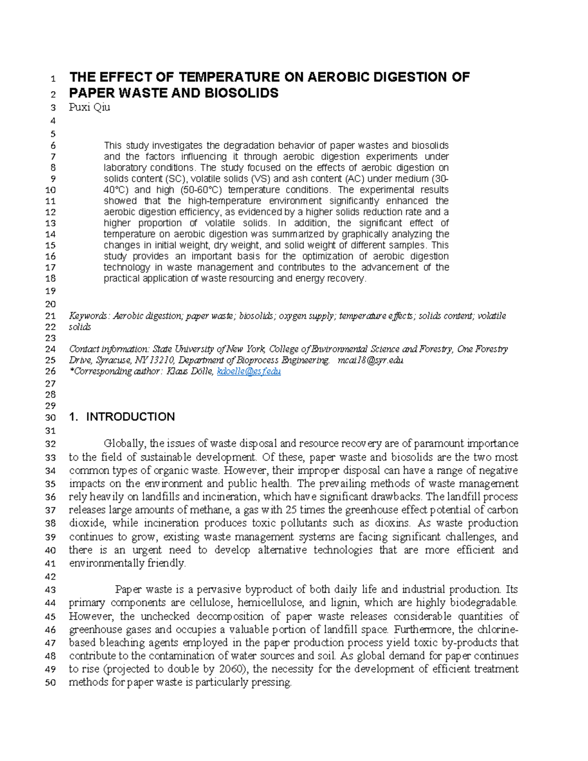 Final Report - THE EFFECT OF TEMPERATURE ON AEROBIC DIGESTION OF PAPER ...