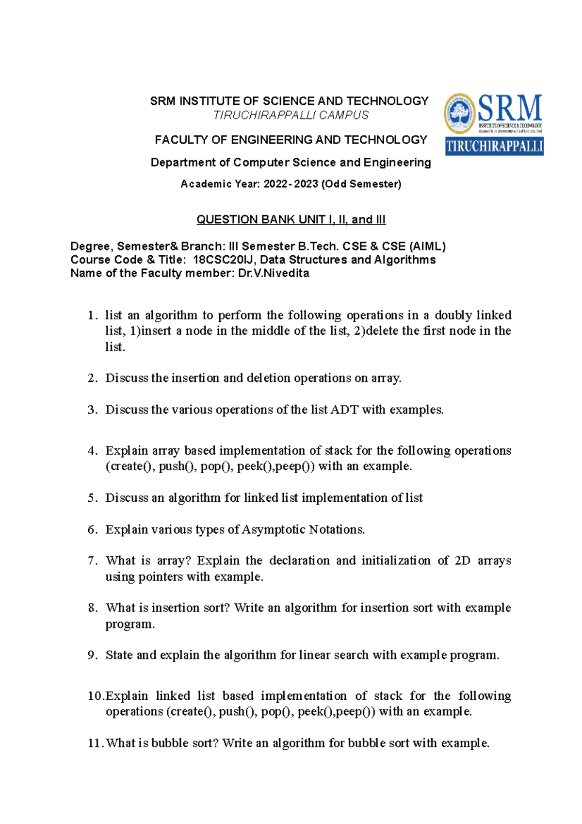 Question Bank DSA Unit(1,2,3, and 4) - SRM INSTITUTE OF SCIENCE AND ...