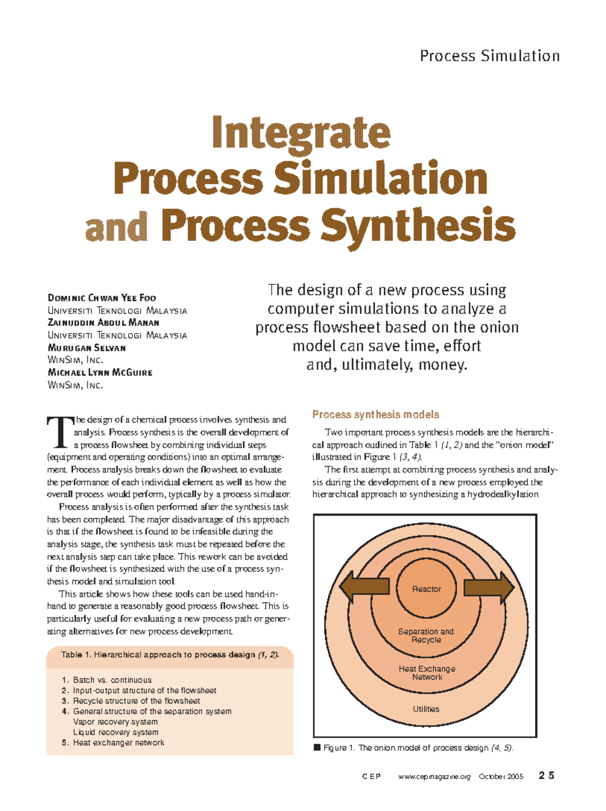 CEP2005 Onion Model in Chemical Process Design: A Synthesis Guide - Studocu