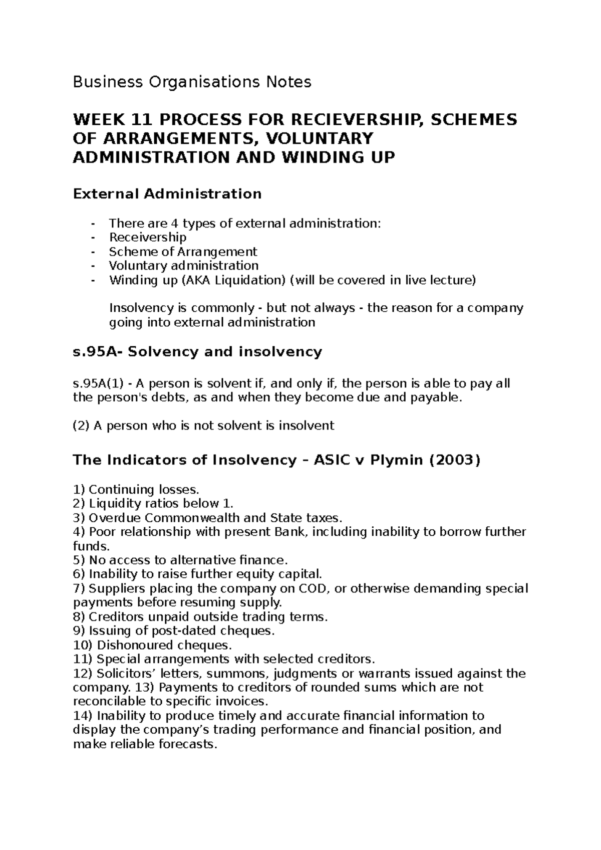 Business Organisations Notes: Week 11 - External Administration ...