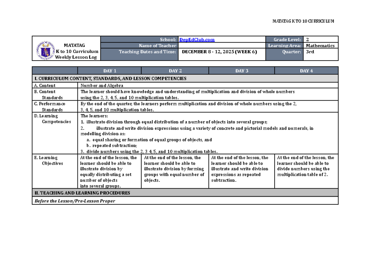 DLL Matatag Mathematics 2 Q3 W6: Weekly Lesson Log on Division - Studocu