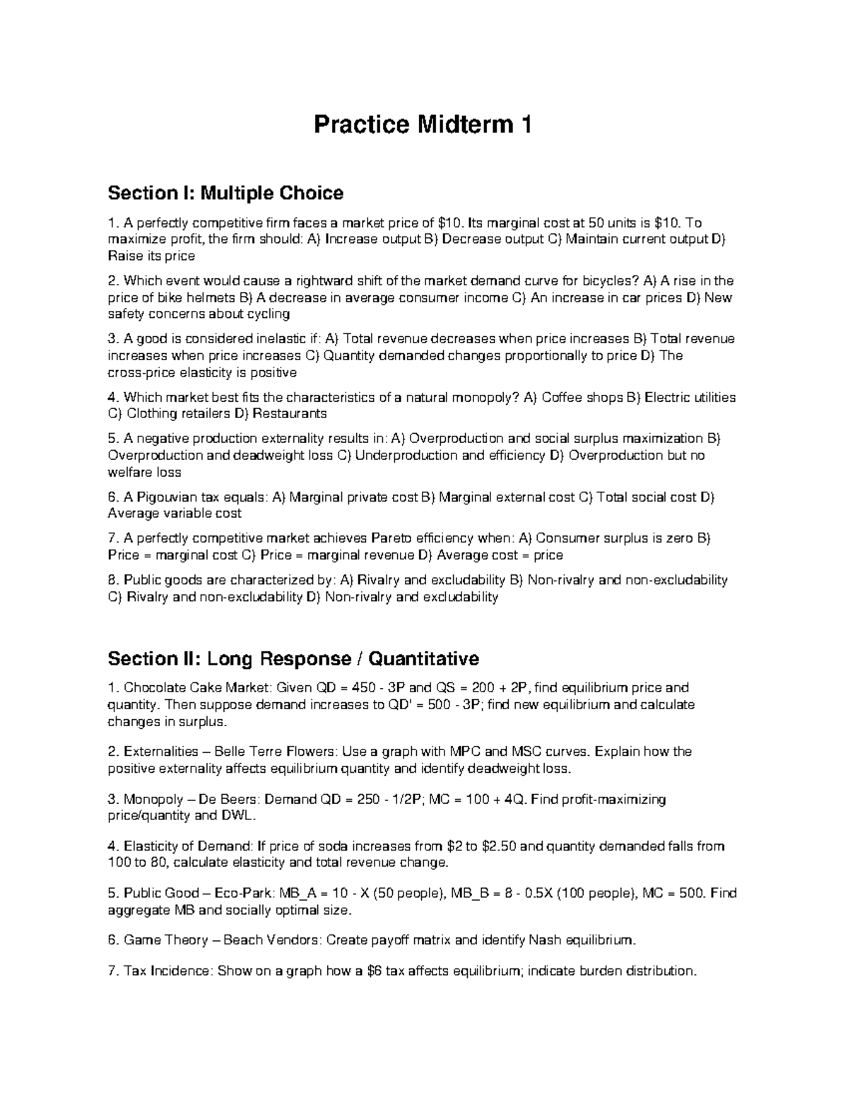 Principles of Econ Practice Midterms: MC & Long Response Sections - Studocu