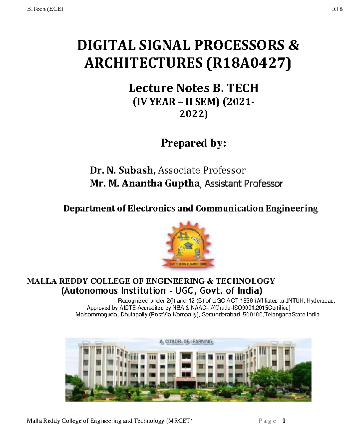 B.Tech (ECE) R18 Digital Signal Processors & Architectures Lecture ...