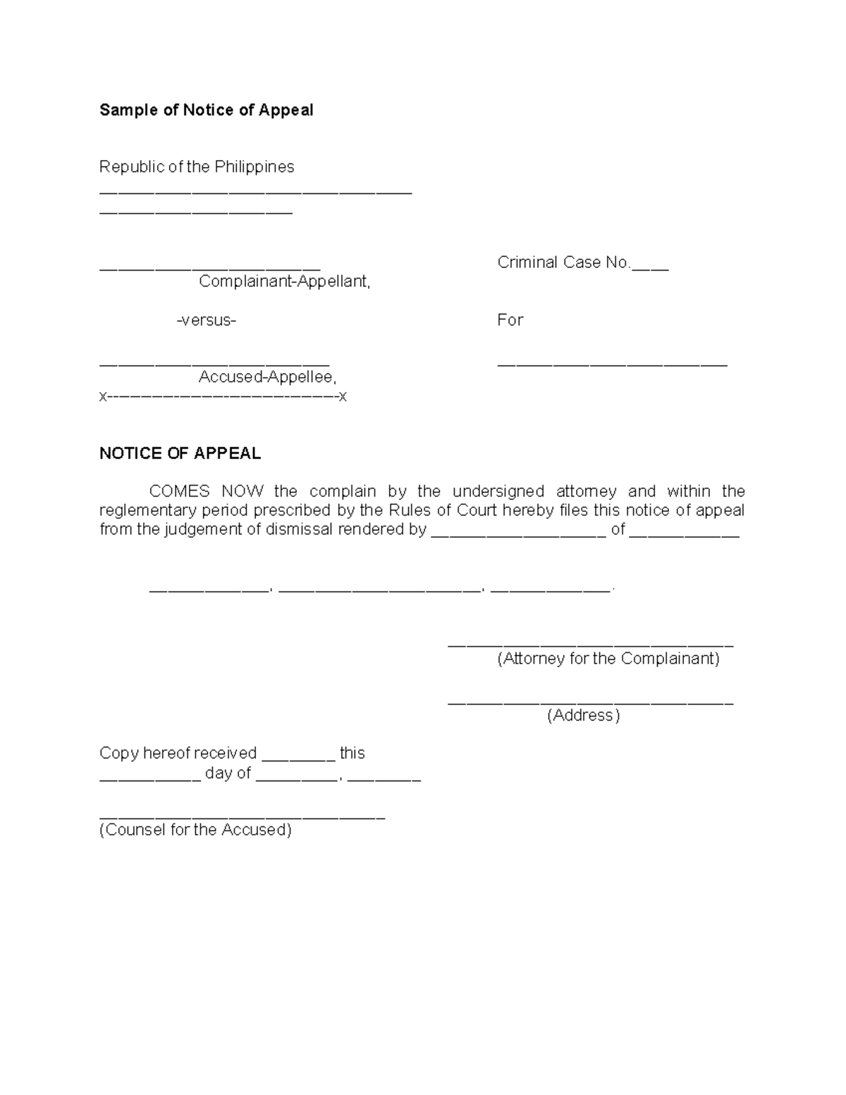 Sample of Notice of Appeal - Sample of Notice of Appeal Republic of the ...
