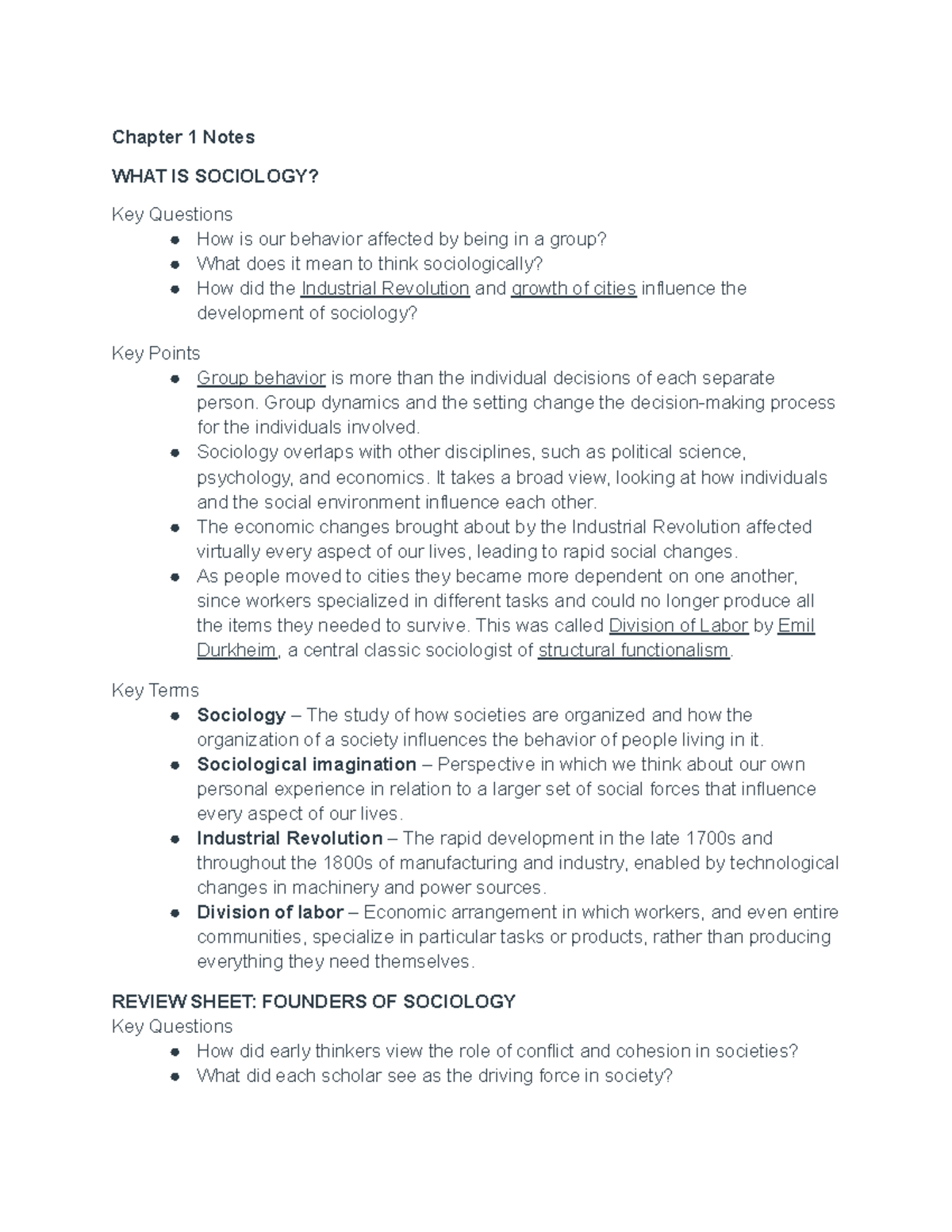Chapter 1 Notes sociology - Chapter 1 Notes WHAT IS SOCIOLOGY? Key ...