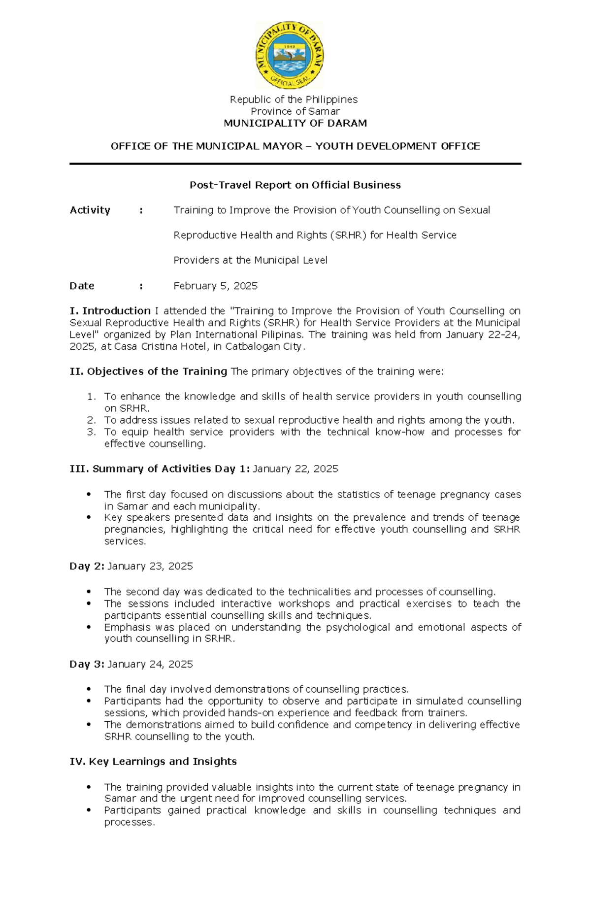 Sample post activity report - Republic of the Philippines Province of ...