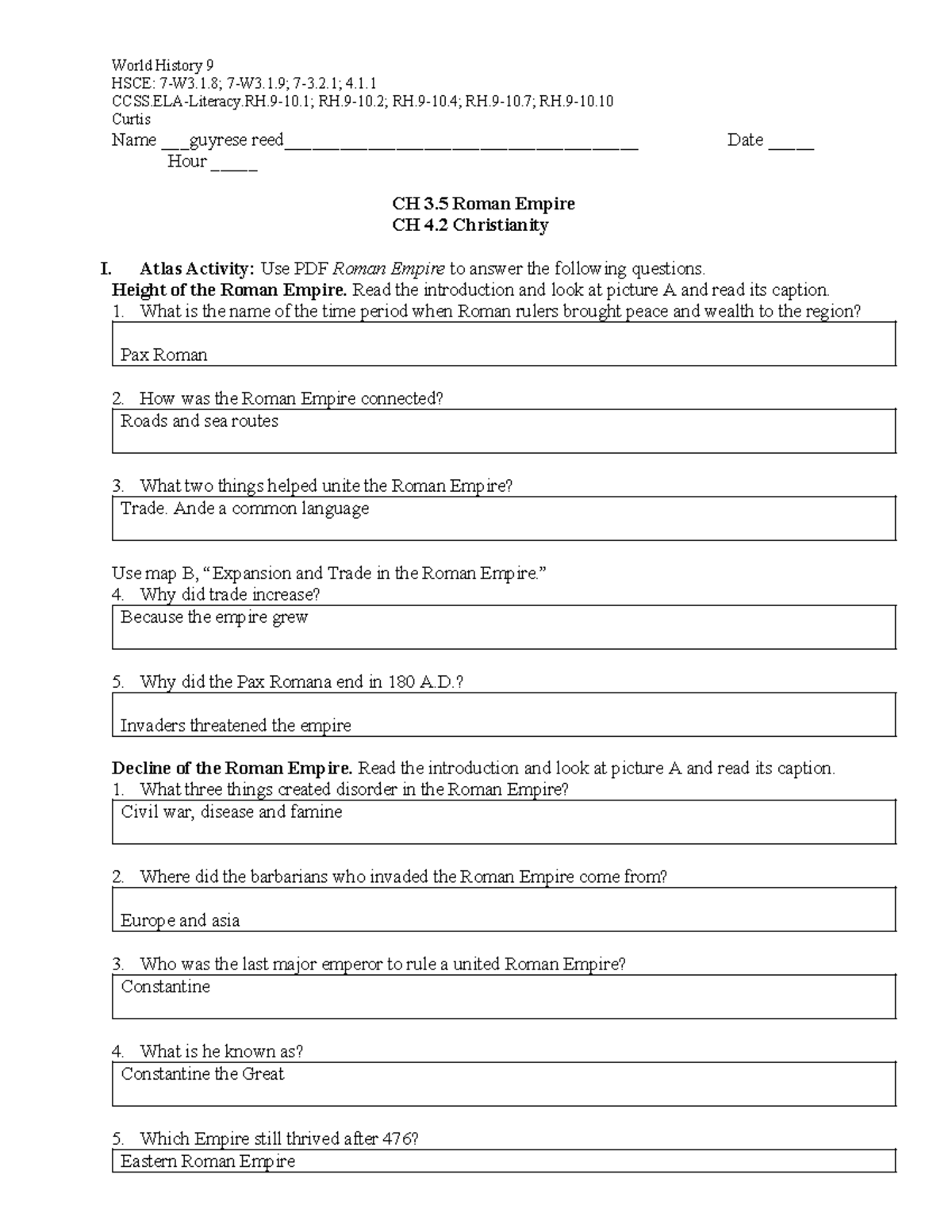 World History 9 HSCE: CH 3.5 Roman Empire Assignment Notes - Studocu