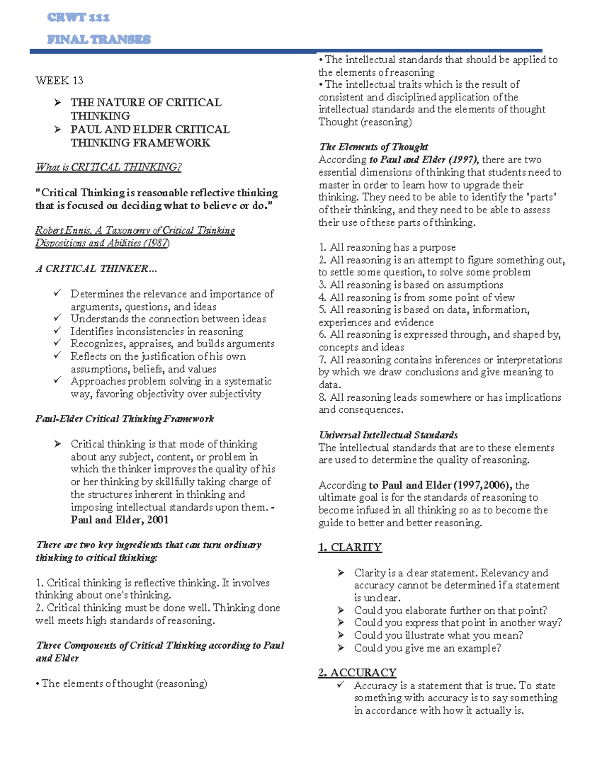 CRWT 111 Final Exam Notes on Critical Thinking Concepts - Studocu