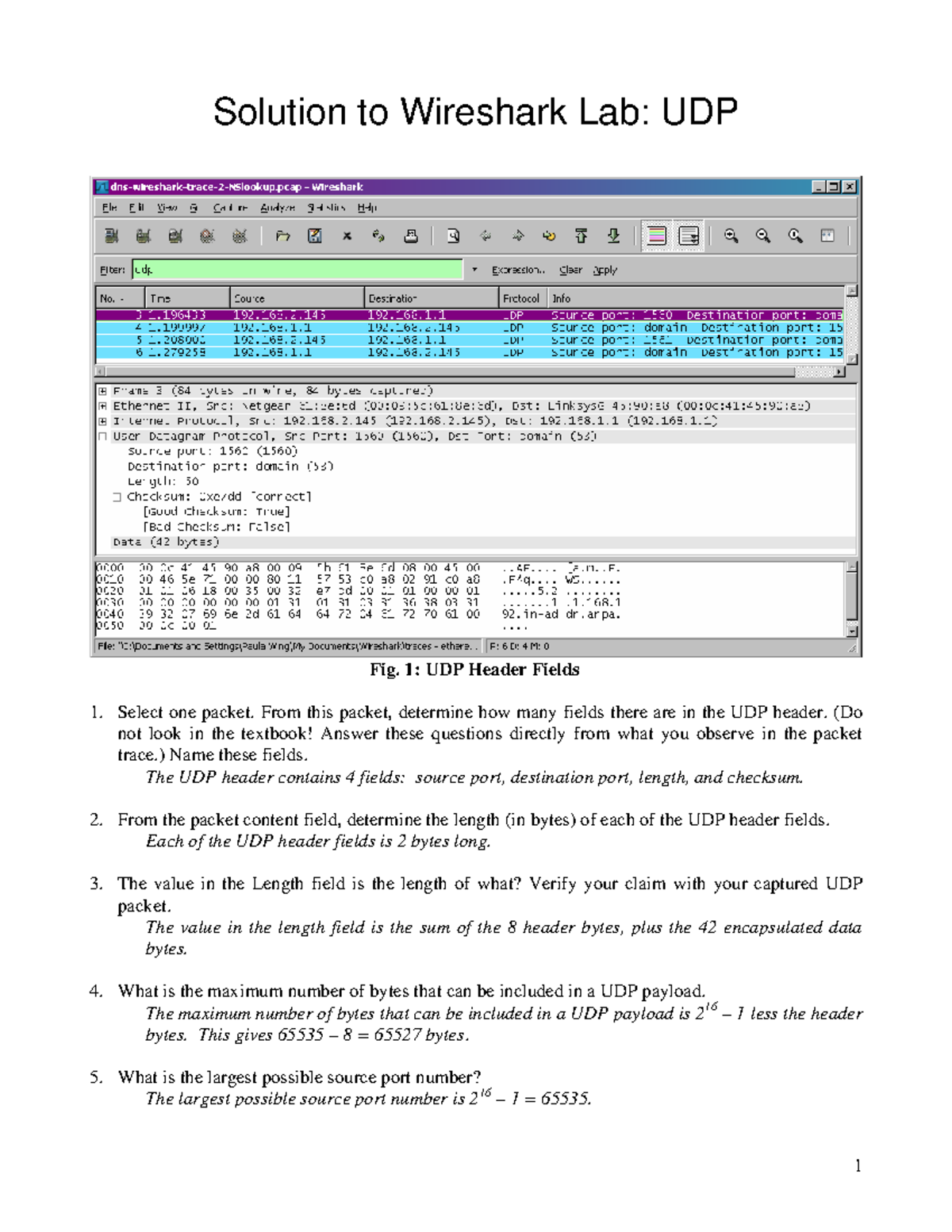 Wireshark Udp Solution Solution To Wireshark Lab Udp Fig 1 Udp