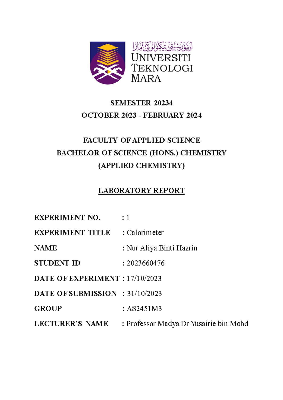 CHM432 Final Lab Report on Calorimeter Heat Capacity and Enthalpy - Studocu