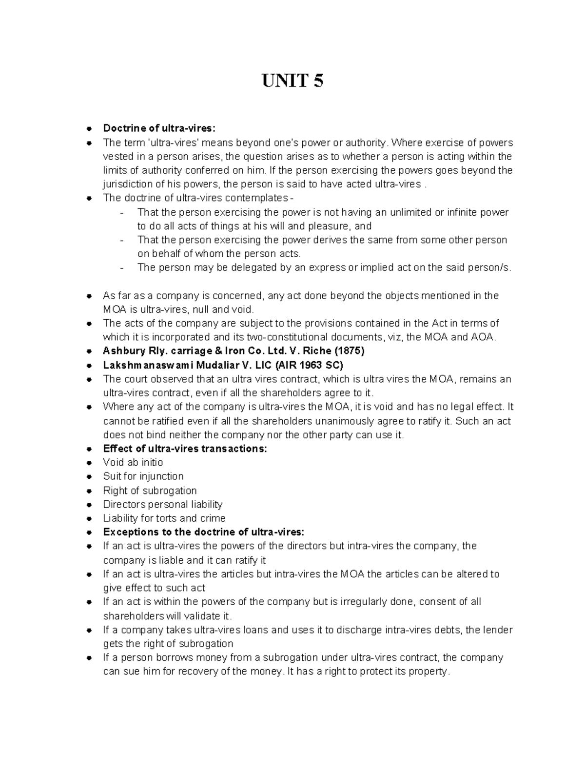UNIT 5 - Class Notes on Doctrine of Ultra-Vires and Prospectus - Studocu