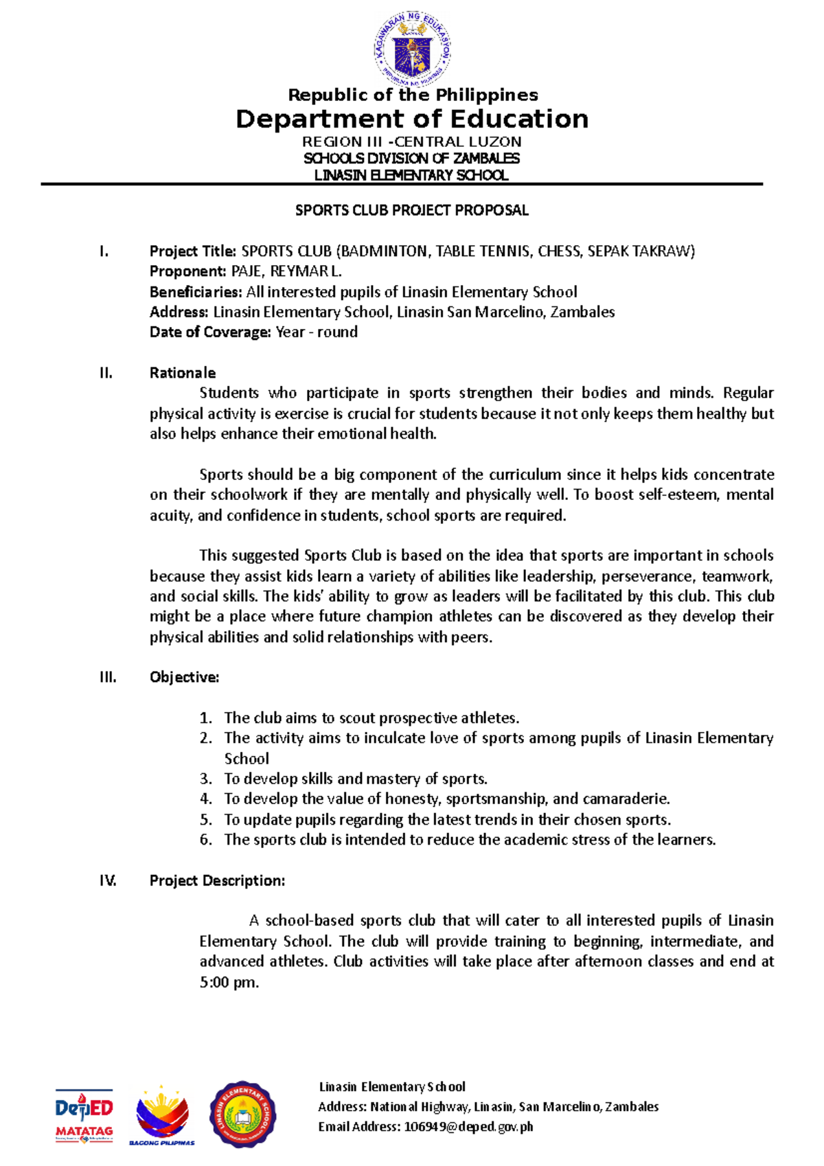 Sports Club Project Proposal for Linasin Elementary School - Studocu