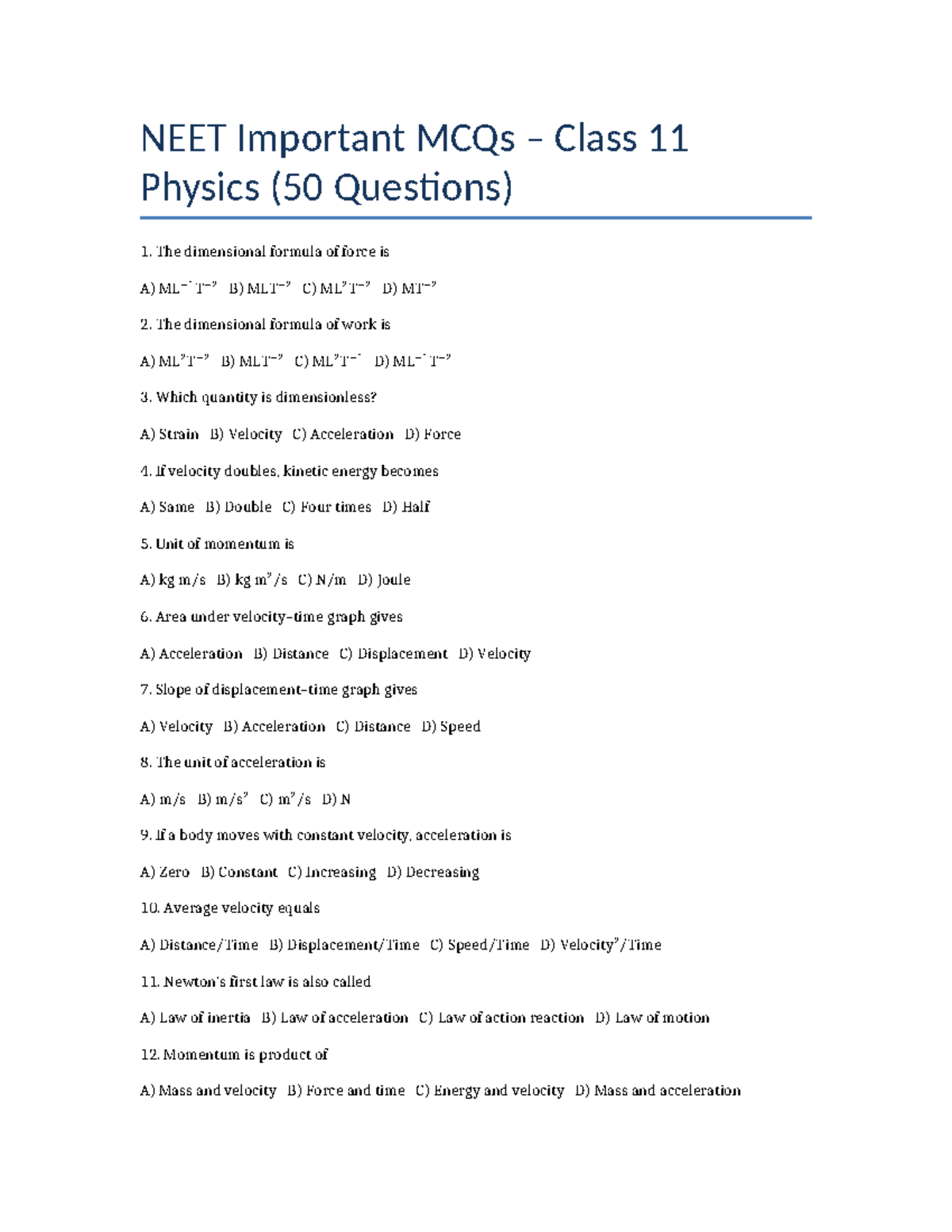 NEET Class 11 Physics: 50 Important MCQs for Exam Prep - Studocu