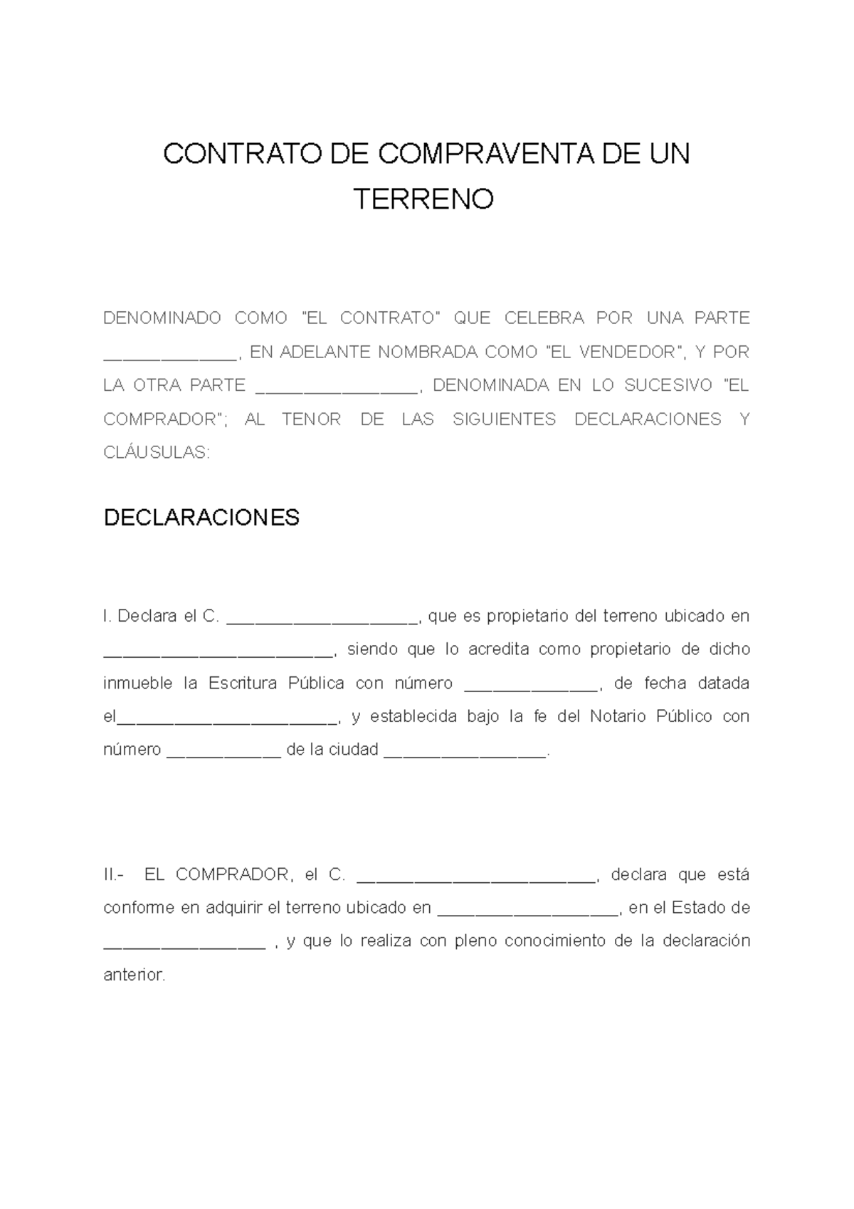 Contrato de Compraventa de Terreno - Formato Legal Estándar - Studocu
