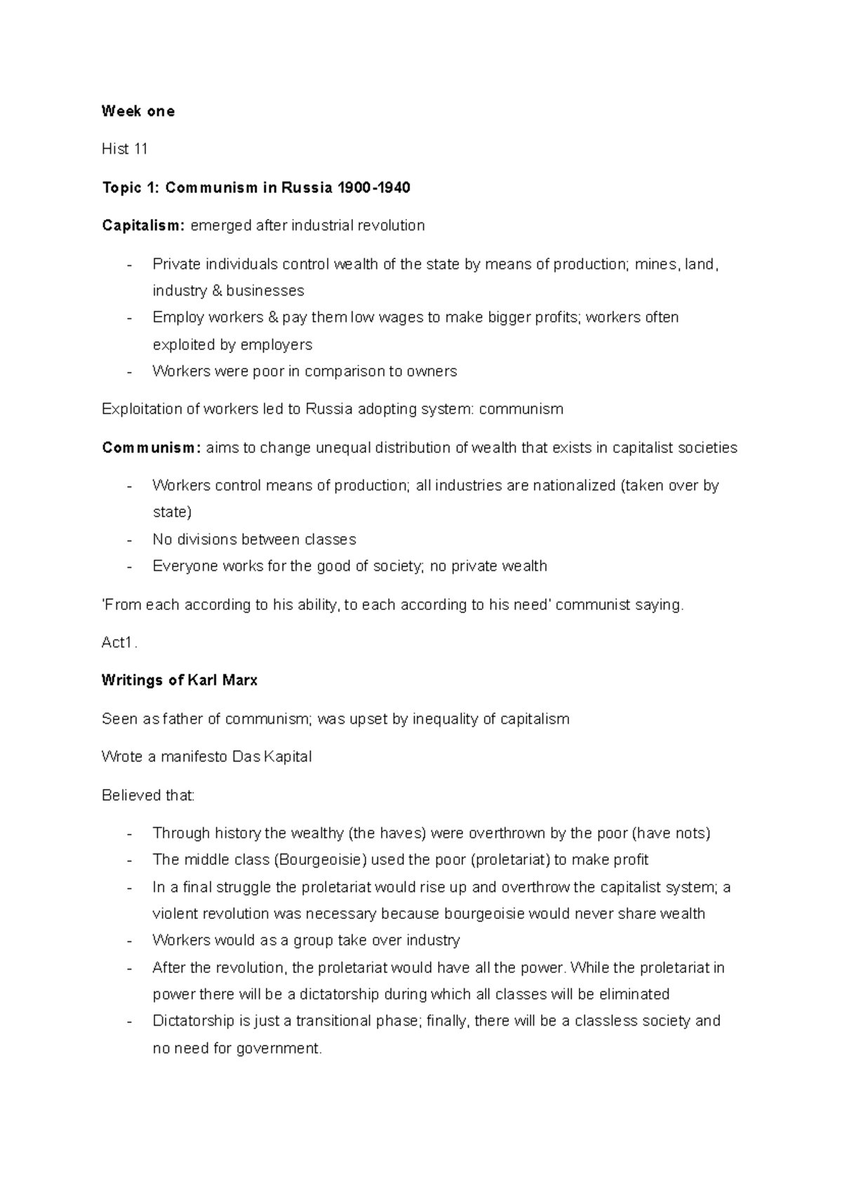 Hist 11 Week One Notes: Communism & the 1905 Russian Revolution - Studocu