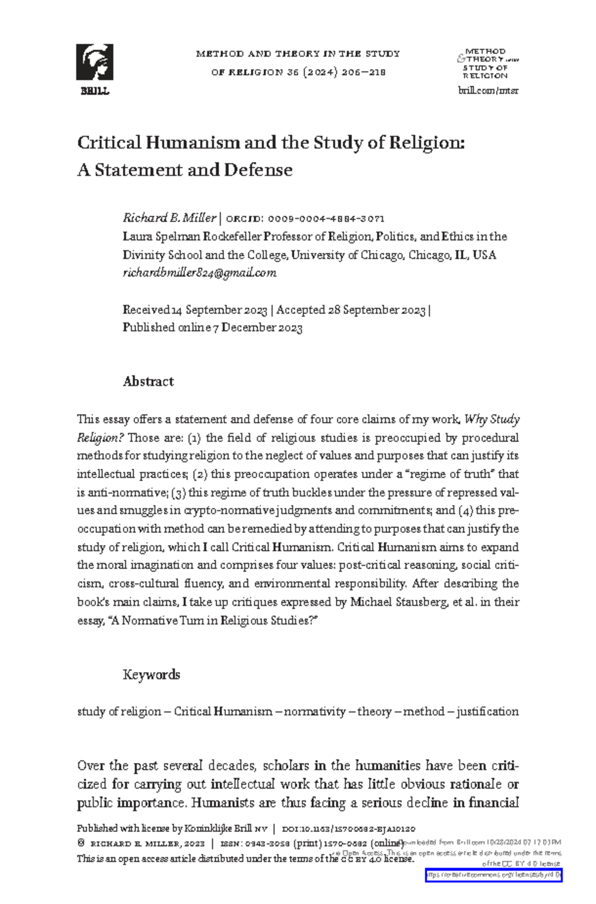 Critical Humanism in the Study of Religion: A Defense of Values in REL ...