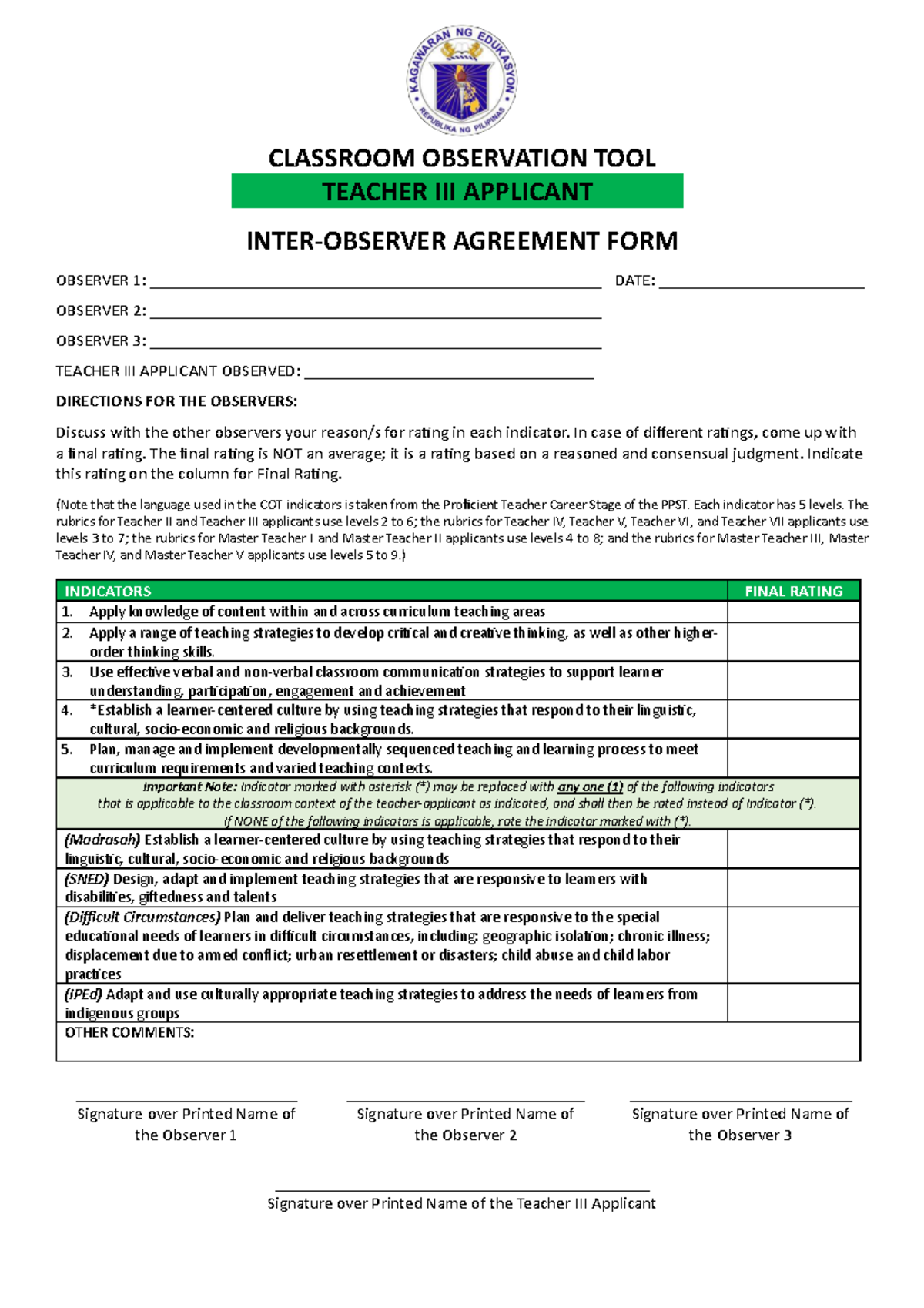 Teacher III COT Inter-Observer Agreement Form Guidelines - Studocu