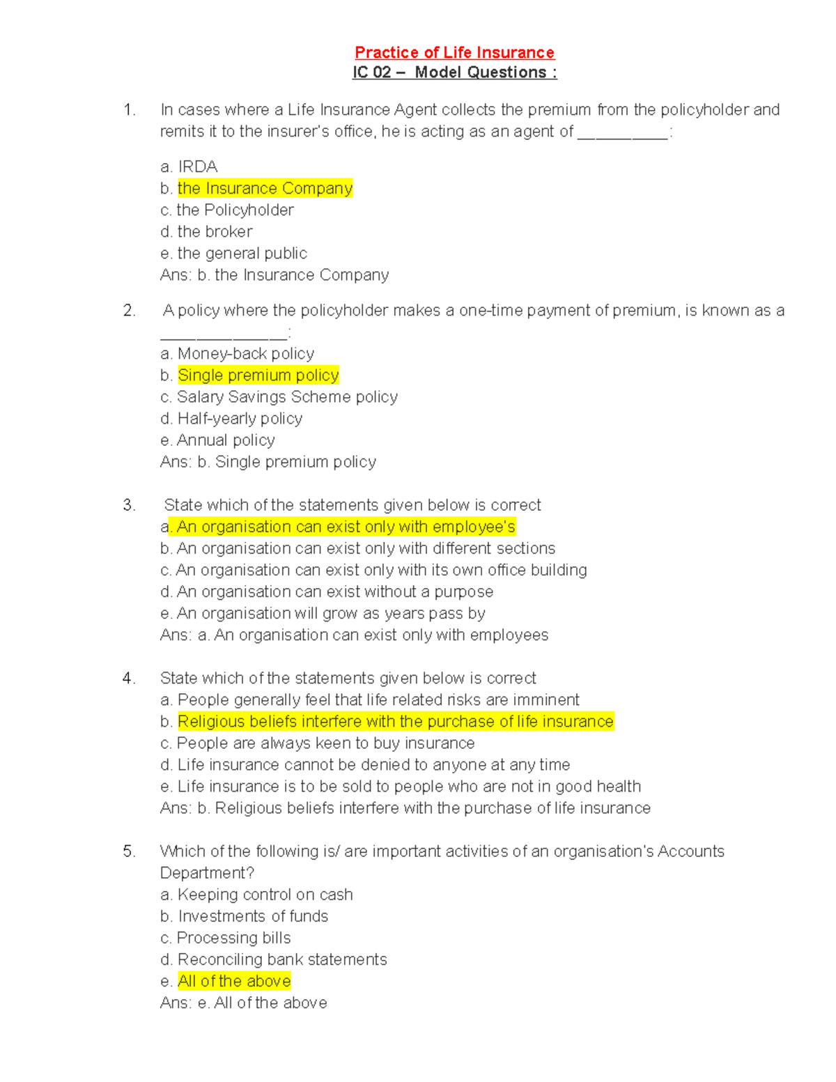 Model Questions for Life Insurance - IC 02 Practice Test - Studocu