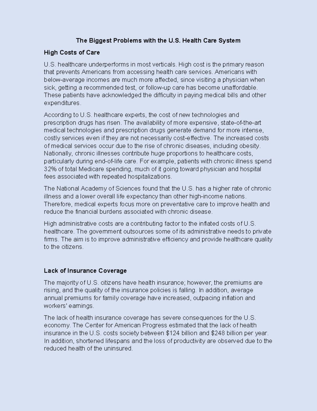 U.S. Health Care System Challenges: Costs & Coverage Issues - Studocu