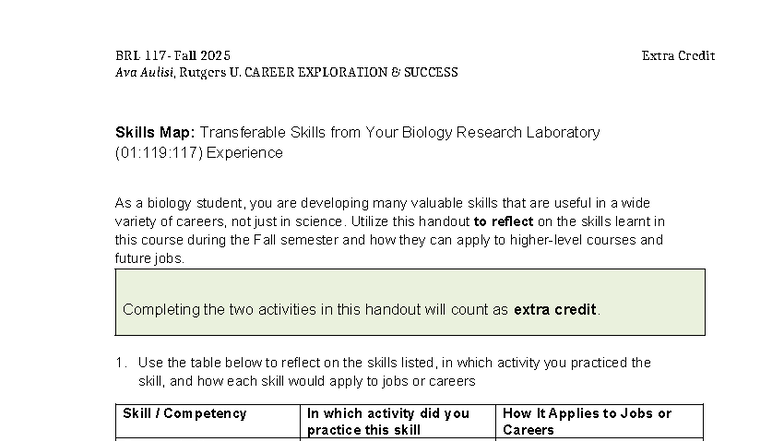 BRL 01:119:117 Fall 2025 Skills Map: Career Exploration Extra Credit ...