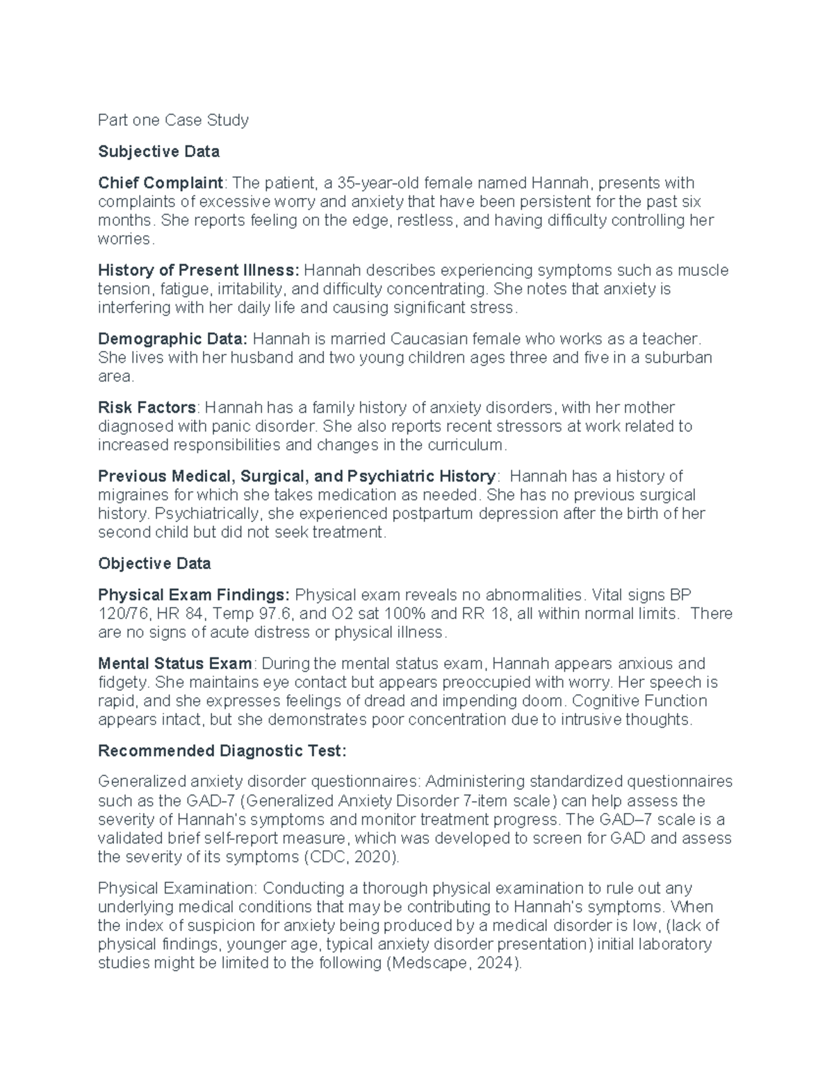 NR 603 Week 2 Case Study: Assessment of Patient with Anxiety - Studocu