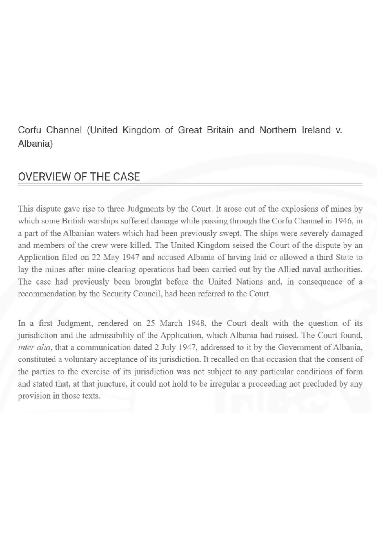 Corfu channel - Cases for Public International Law, summaries etc ...