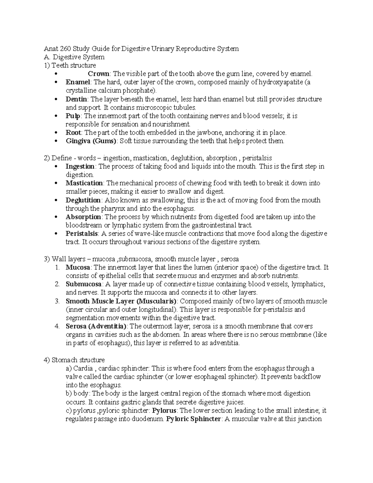 Anat 260 Final Study Guide for Digestive, Urinary & Reproductive ...