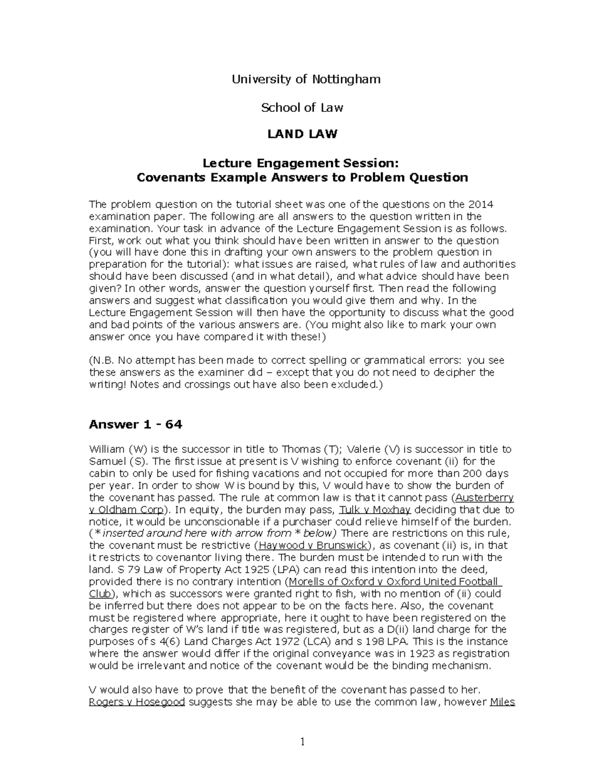 Covenants Analysis: Example Exam Answers for LAND LAW 2021-22 - Studocu