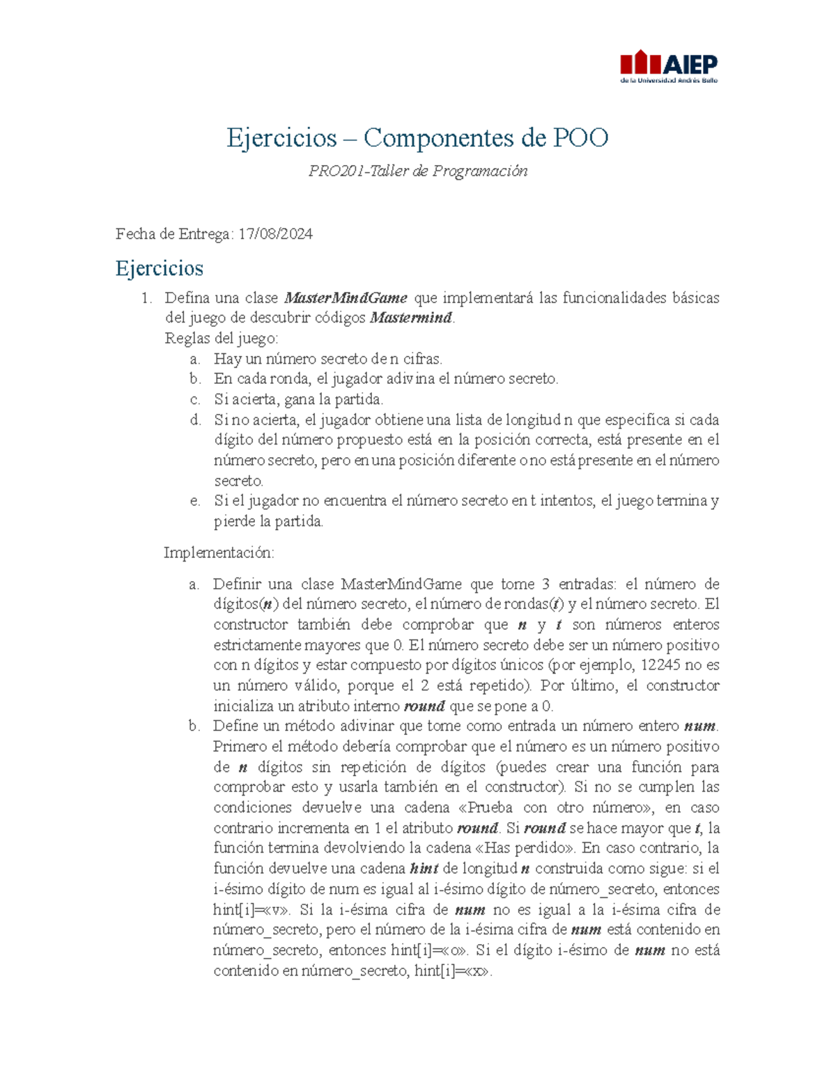 Ejercicios de POO: Implementación del Juego MasterMind (01-POO P2) - Studocu