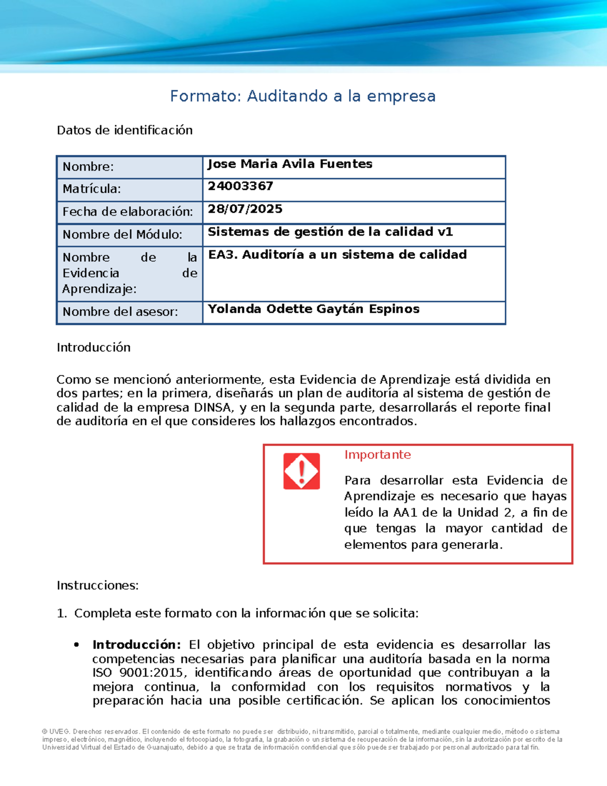 UVEG SGC_U2_EA3 Plan de Auditoría ISO 9001:2015 - DINSA - Studocu