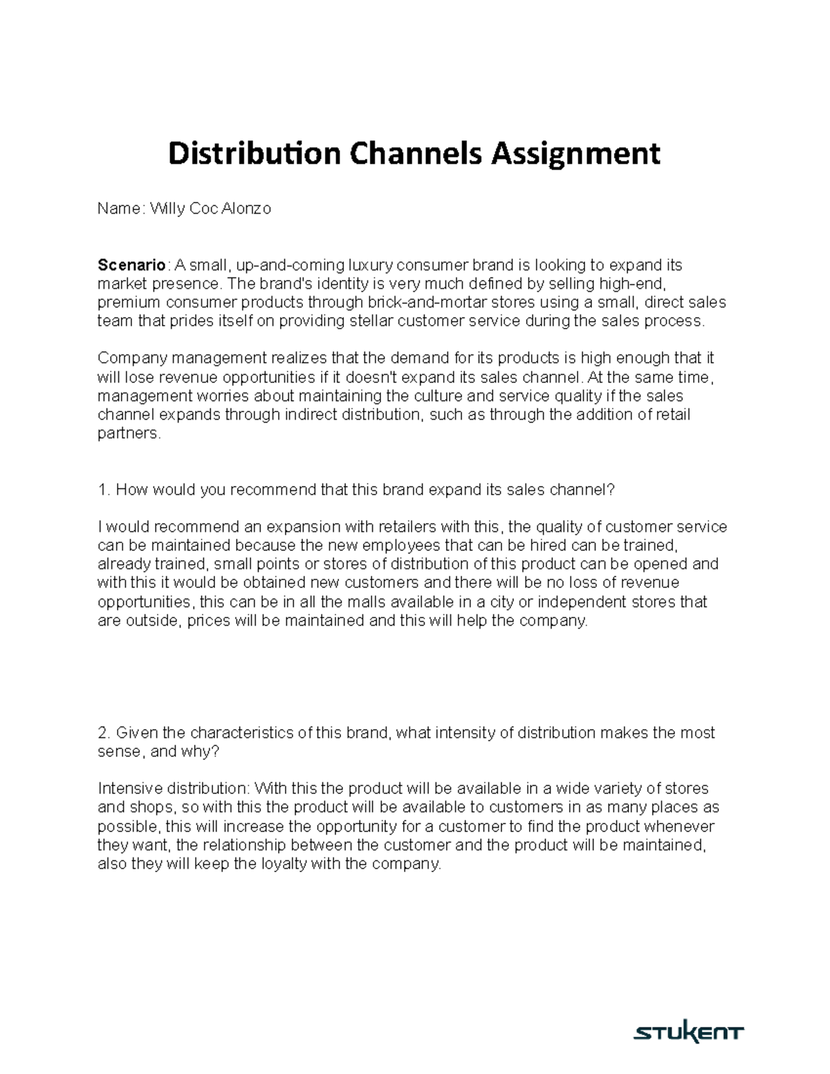 W11MKT241 Doc - Week 10 Distribution Channels Assignment - Studocu