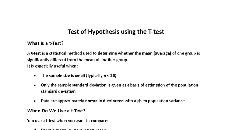 T-test Notes for EDA: Understanding Hypothesis Testing - Studocu