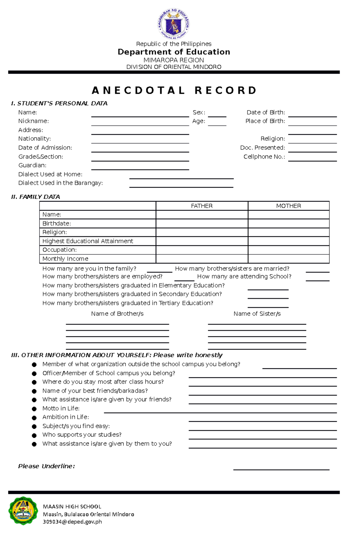 Anecdotal Record for Student Personal and Family Data Collection - Studocu